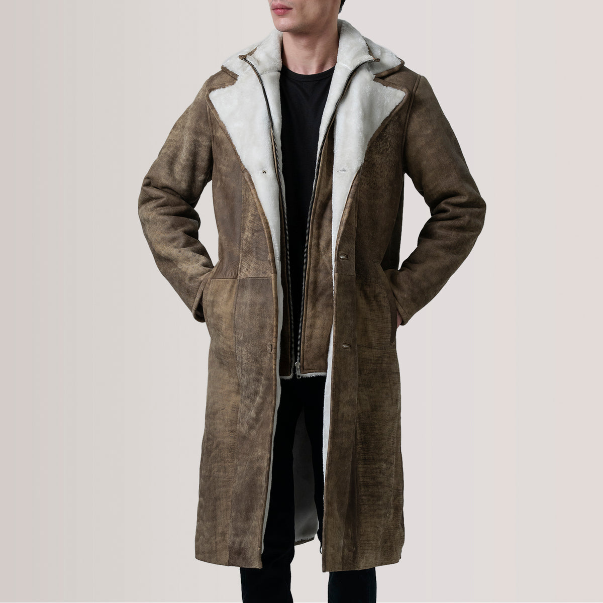 Cai Distressed Brown Leather Shearling Coat For Men -The Jacket Maker ...