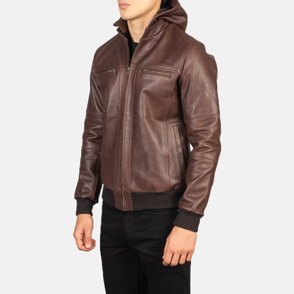 Men's Bouncer Biz Brown Leather Hooded Bomber Jacket – The Jacket Maker