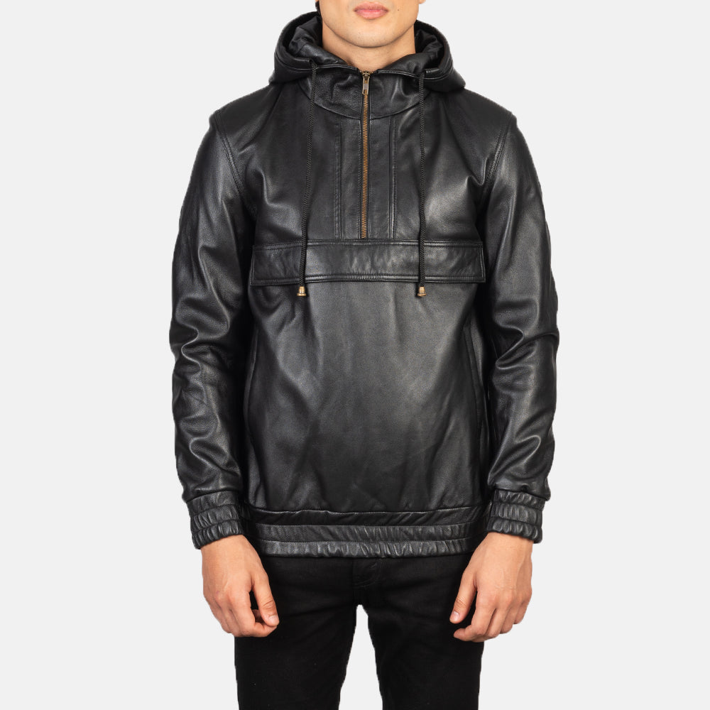 Men's Kenton Hooded Black Leather Pullover Jacket – The Jacket Maker