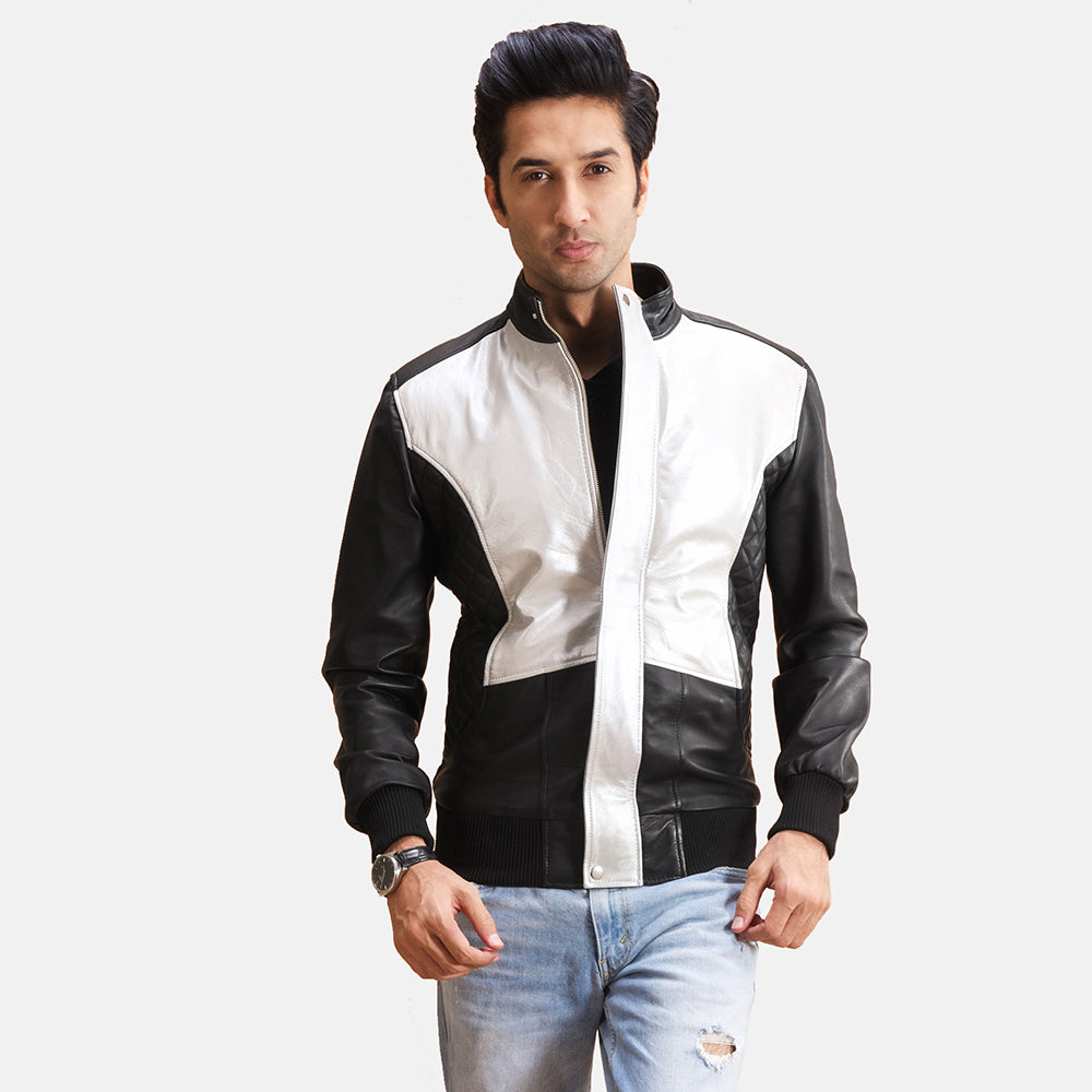 Men's Spade Silver Black Leather Bomber Jacket – The Jacket Maker