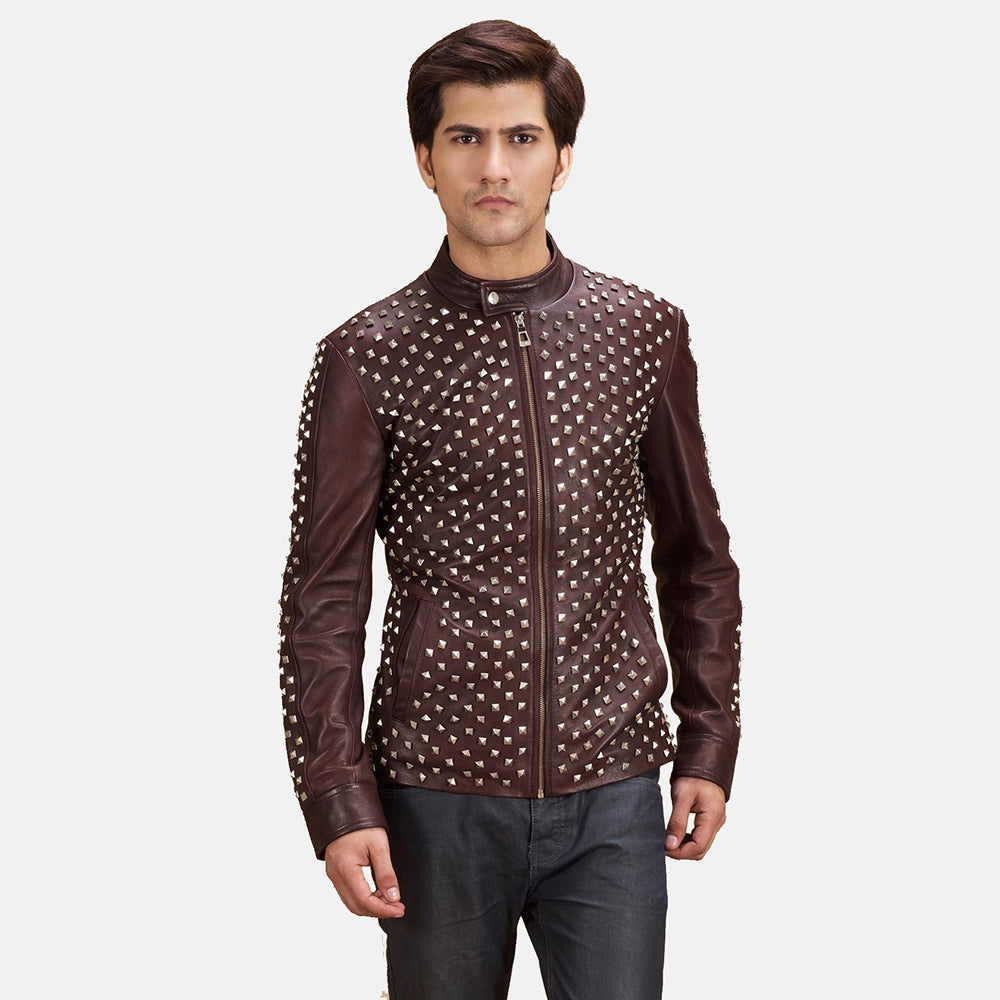 Men's Blix Bono Studded Maroon Leather Biker Jacket – The Jacket Maker