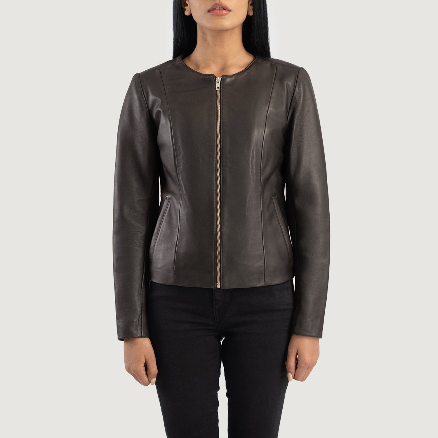 Women's Elixir Brown Collarless Leather Jacket – The Jacket Maker