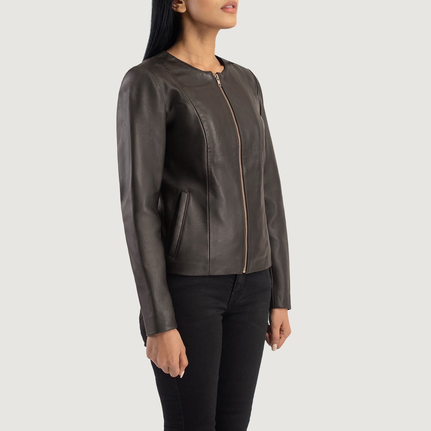 Women's Elixir Brown Collarless Leather Jacket – The Jacket Maker