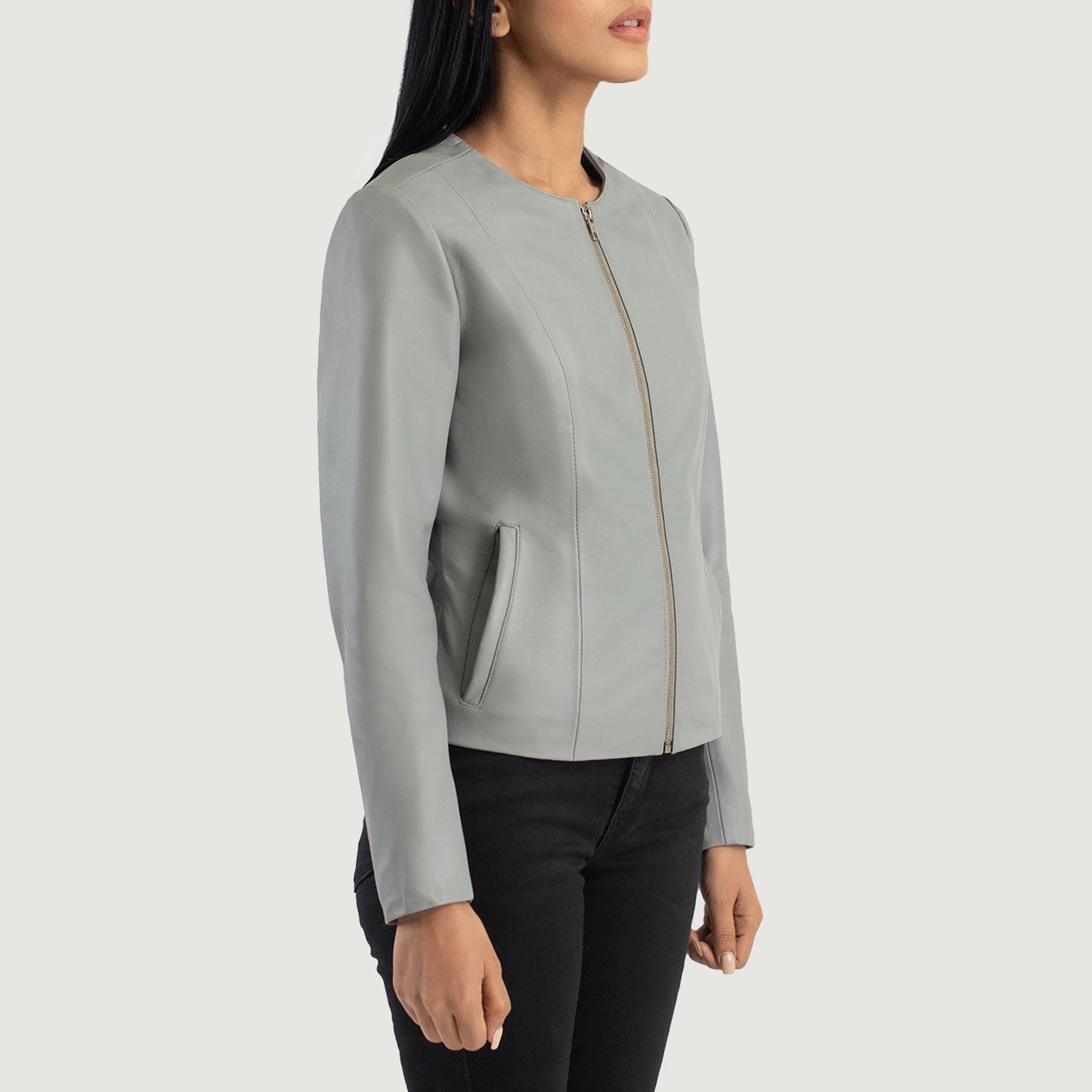Women's Elixir Grey Collarless Leather Jacket – The Jacket Maker