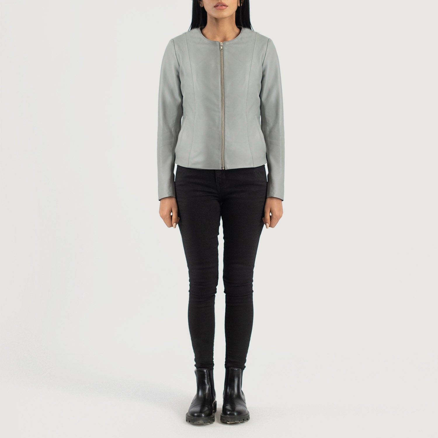 Women's Elixir Grey Collarless Leather Jacket – The Jacket Maker